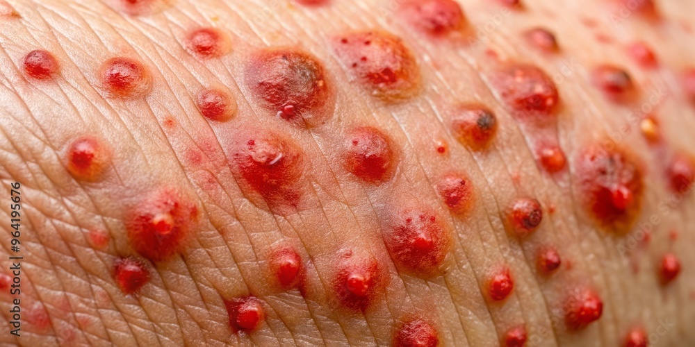 Red pustules swell on skin, inflamed after fire ant bites, with redness ...