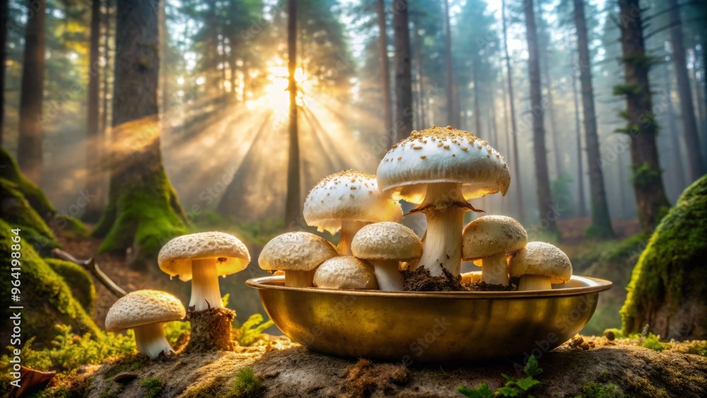 Fungi agaricus campestris against a misty forest backdrop, cap shaped ...