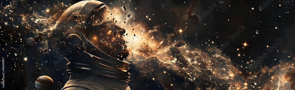 An astronaut with stars and planets orbiting their exploding head and ...