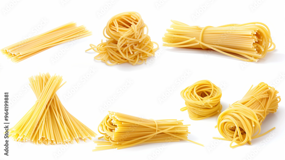 Uncooked spaghetti multiple angles front left right back, neat bundles ...