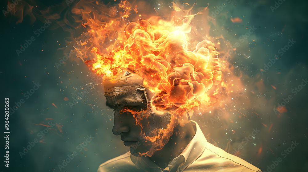 An athlete with an exploding head and Symbolizing the concept of stress ...