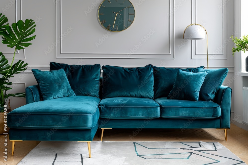 Dark teal velvet fabric sofa with chaise lounge, gold legs, and brass ...