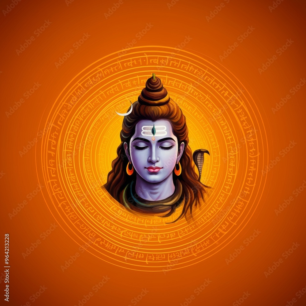 Illustration art Har Har Mahadev in Hindi in circles on a orange ...