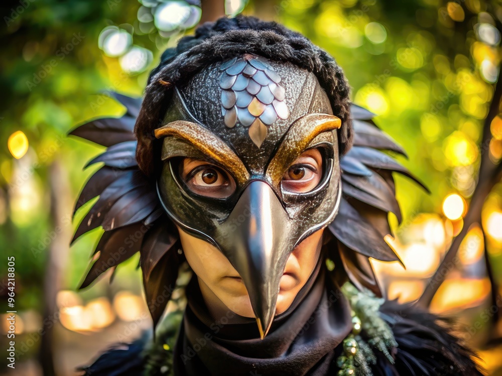 A Close-Up Photograph Of A Masked Human Face With A Painted Black Beak ...