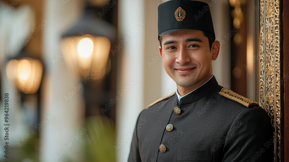Hotel doorman opening the door for a guest, wearing a traditional ...