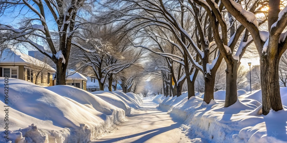Snow bank stretches along abandoned sidewalk, depth of snow accentuated ...