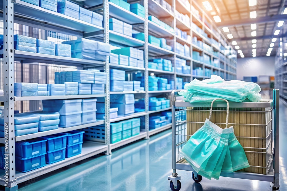 Medical inventory management scene with crates of surgical gloves ...