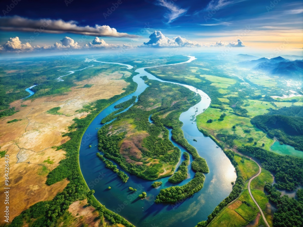 Aerial View Of The Mekong River Winding Through Southeast Asia ...