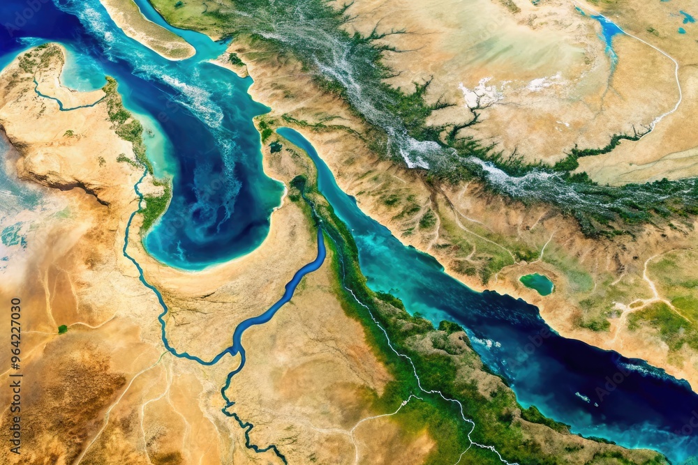 Aerial view of the Tigris River flowing through the fertile ...