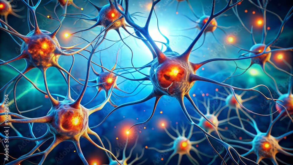 A stylized illustration of damaged brain cells and neurons affected by ...