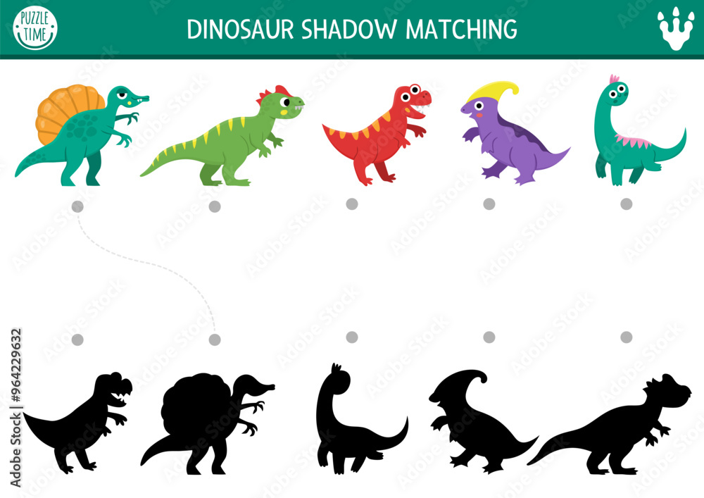 Dinosaur shadow matching activity with animals. Prehistoric puzzle with ...