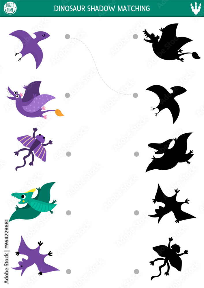 Dinosaur shadow matching activity with flying animals. Prehistoric ...