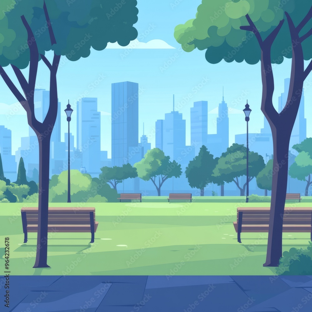 Cartoon City Park Illustration: Business Background Image with Benches ...