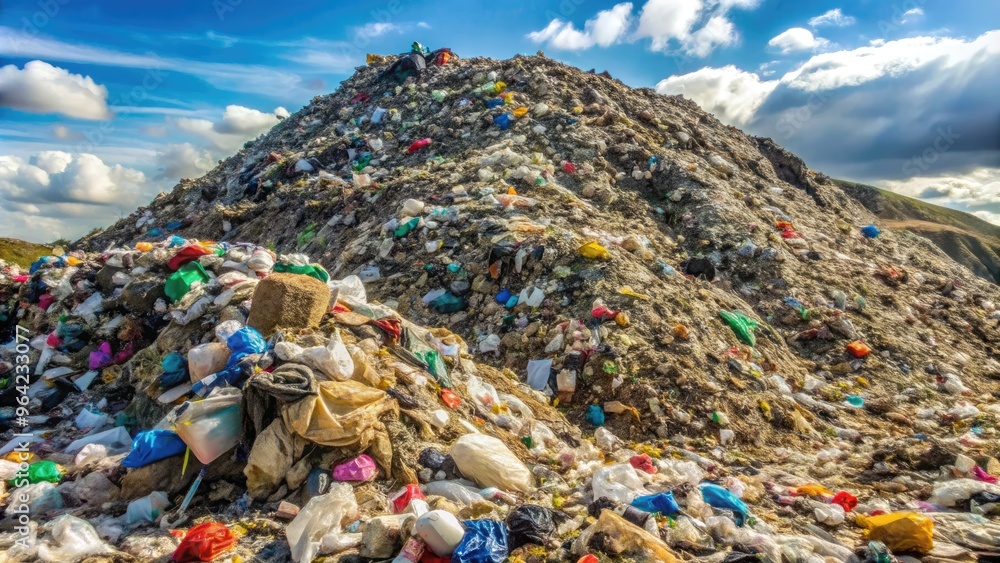 A massive, festering mountain of trash rises amidst a polluted ...