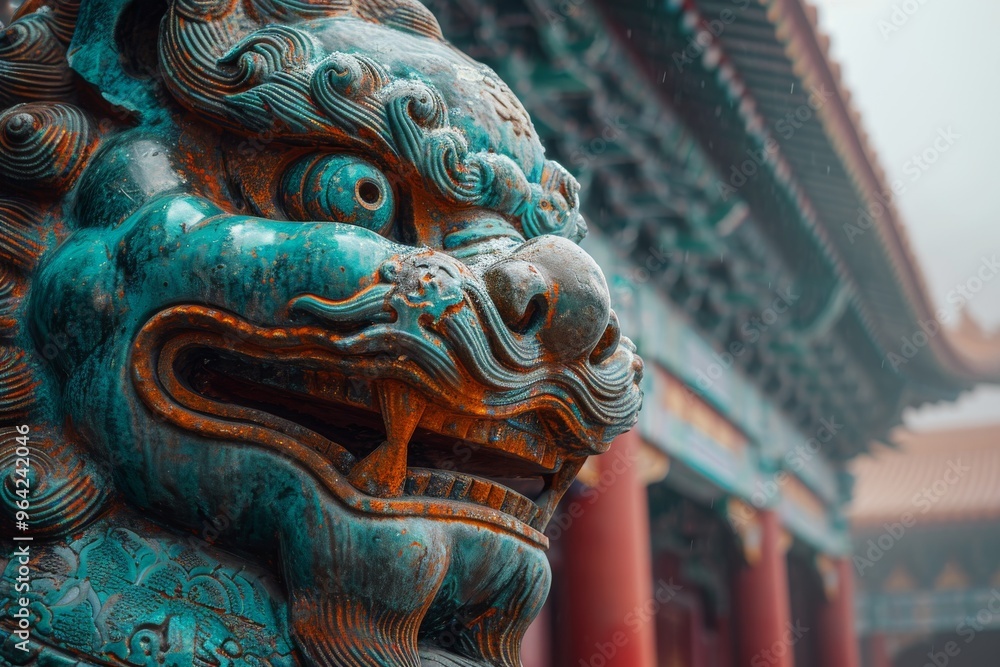 Tibetan guardian snow lion statue enveloped in smoke within an ...