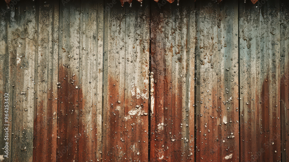 Weathered corrugated metal wall with rust spots and water droplets ...