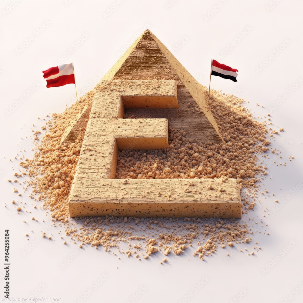 The letter 'E' formed from a sandy pyramid with Egyptian flags on top ...