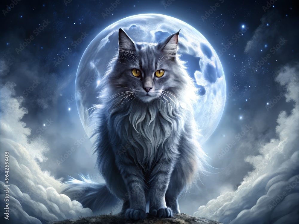 "Furry feline transformed by full moon's silvery glow, razor-sharp ...