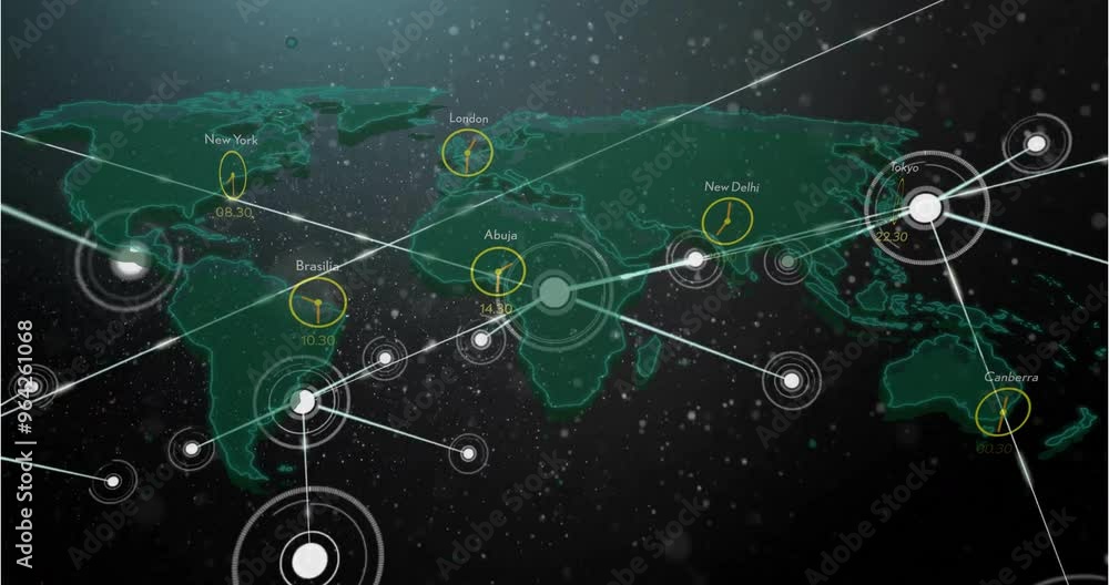 World map with interconnected cities and time zones, global network ...