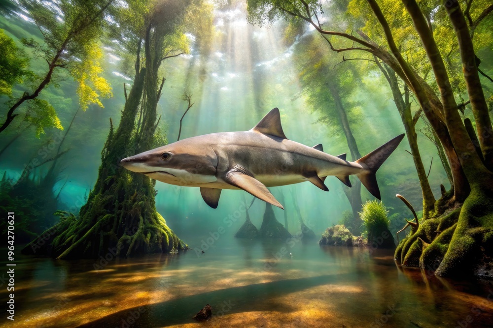 Majestic gray-brown freshwater shark glides through murky brown waters ...