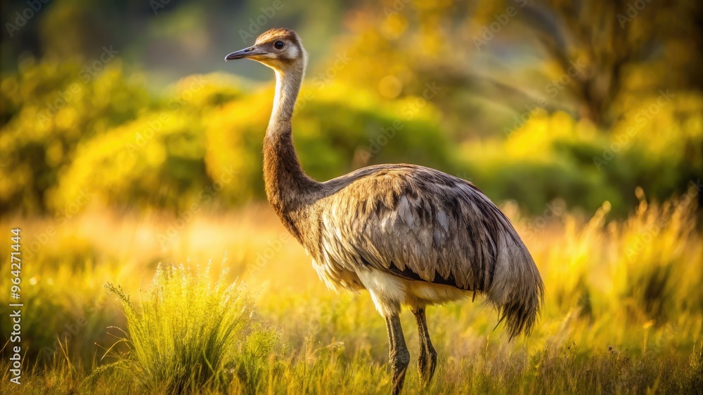 Majestic rhea bird stands tall in a sun-drenched grassland, its soft ...