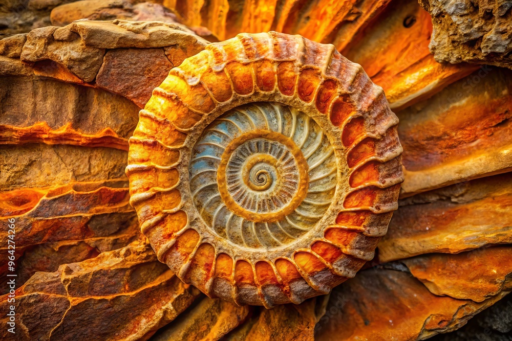 Ancient shell fossilized in sandstone matrix, highlights of yellow ...