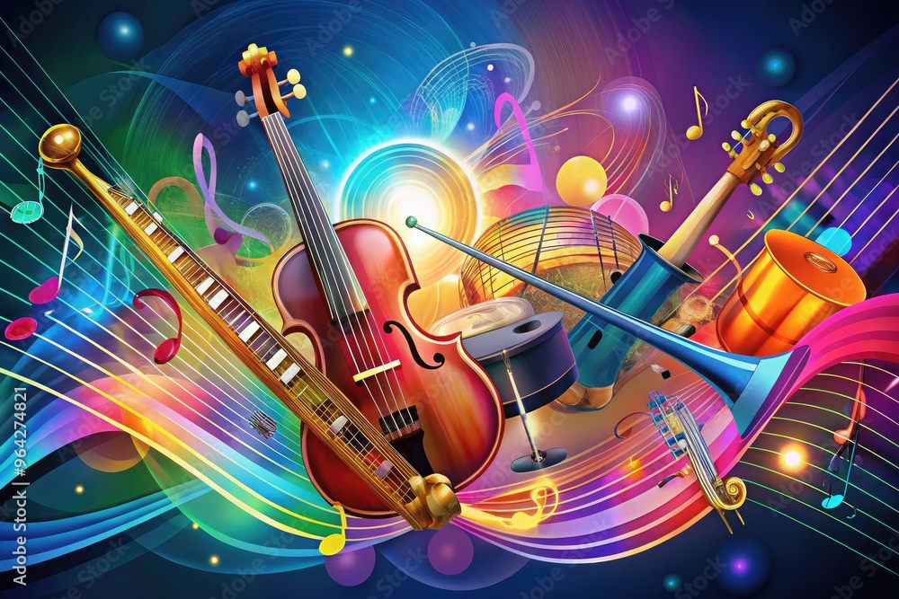 Musical Instruments, Notes, And Sound Waves In A Vibrant And Dynamic ...