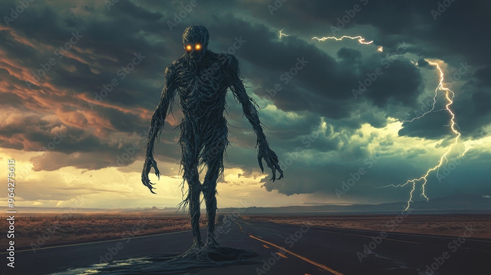 Detailed and Eerie Illustration of a Skin-Walker with Glowing Eyes and ...