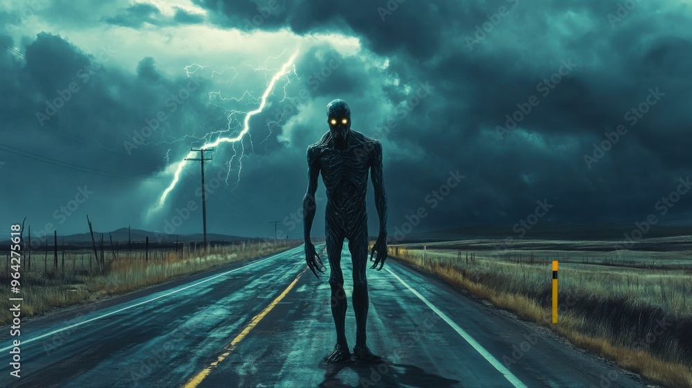 Detailed and Eerie Illustration of a Skin-Walker with Glowing Eyes and ...