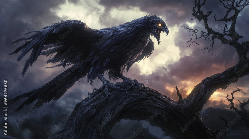 Detailed and Eerie Illustration of a Skin-Walker with Glowing Eyes and ...