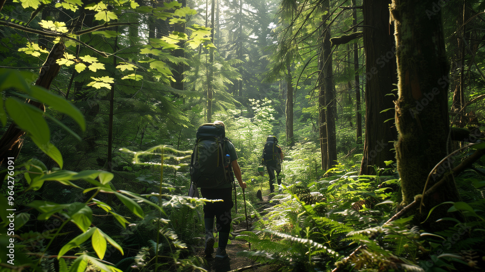 Hikers in dense forest navigating trails with sunlight through trees ...