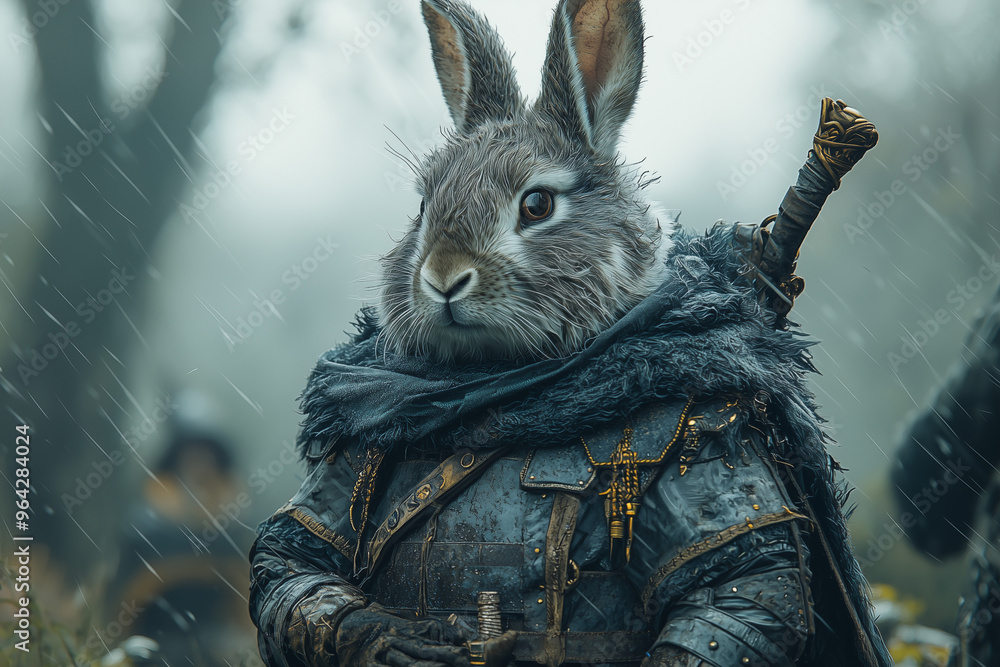 male rabbit beastfolk knight in the rain wearing detailed battle armor ...