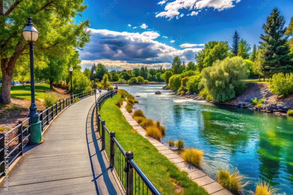 Serene summer scene of Idaho Falls River Walk, showcasing vibrant ...