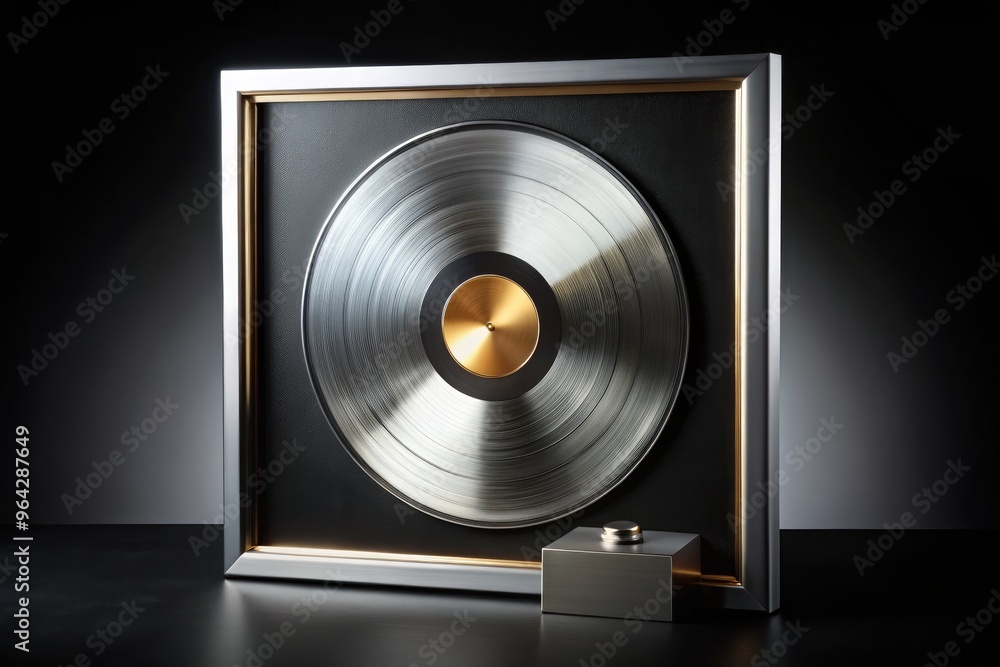 Shiny platinum record award on a black background with acertificate ...
