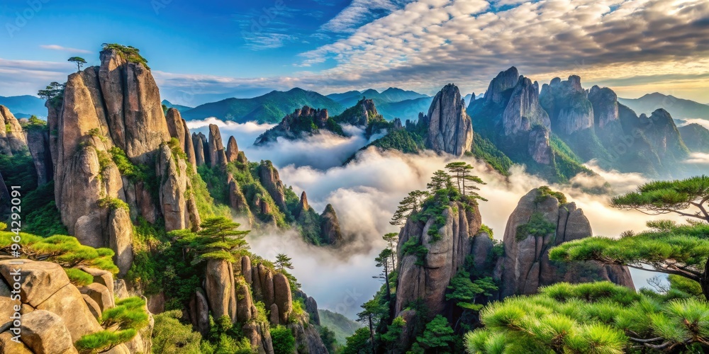 Sunny day at Huangshan mountain, Anhui, China, with towering granite ...
