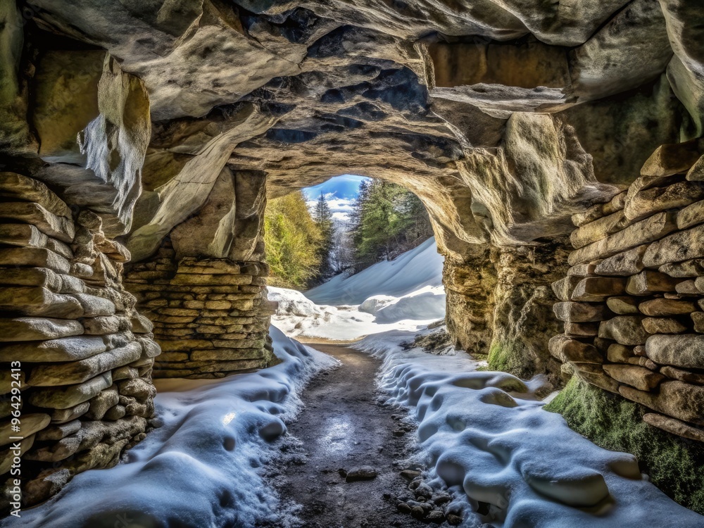 Symmetrical, Shadowy Interior Of A Cave Or Bear Den With A Small ...