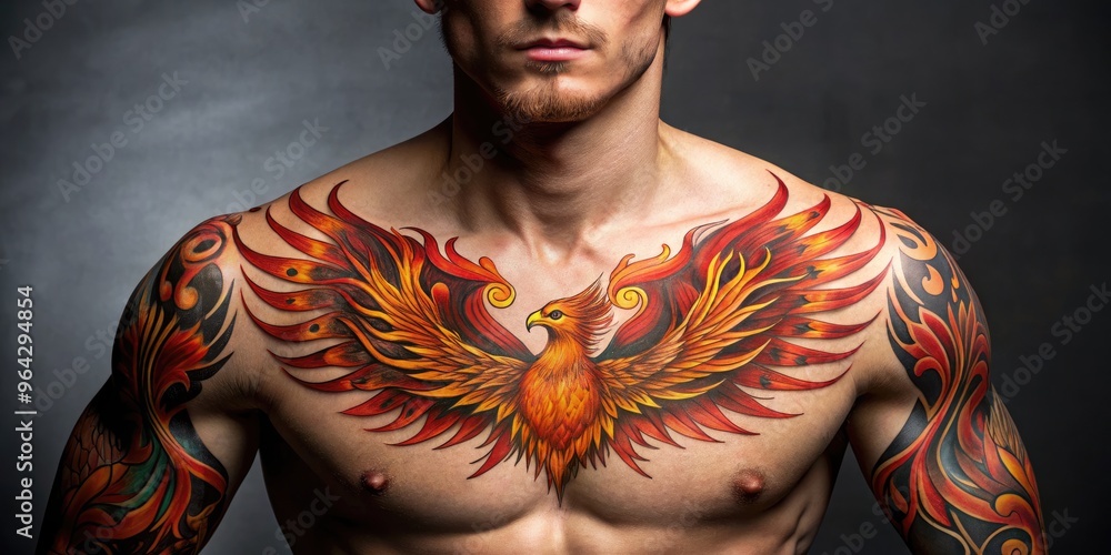 Tribal-Inspired Phoenix Bird Tattoo Inked On The Skin Of A Man'S Chest And Upper Arm ...