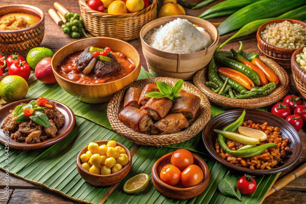 Vibrant arrangement of popular Filipino dishes, including adobo ...