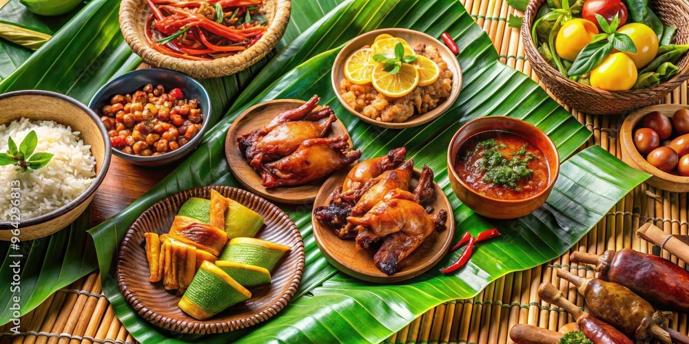 Vibrant arrangement of traditional Filipino dishes, including steaming ...