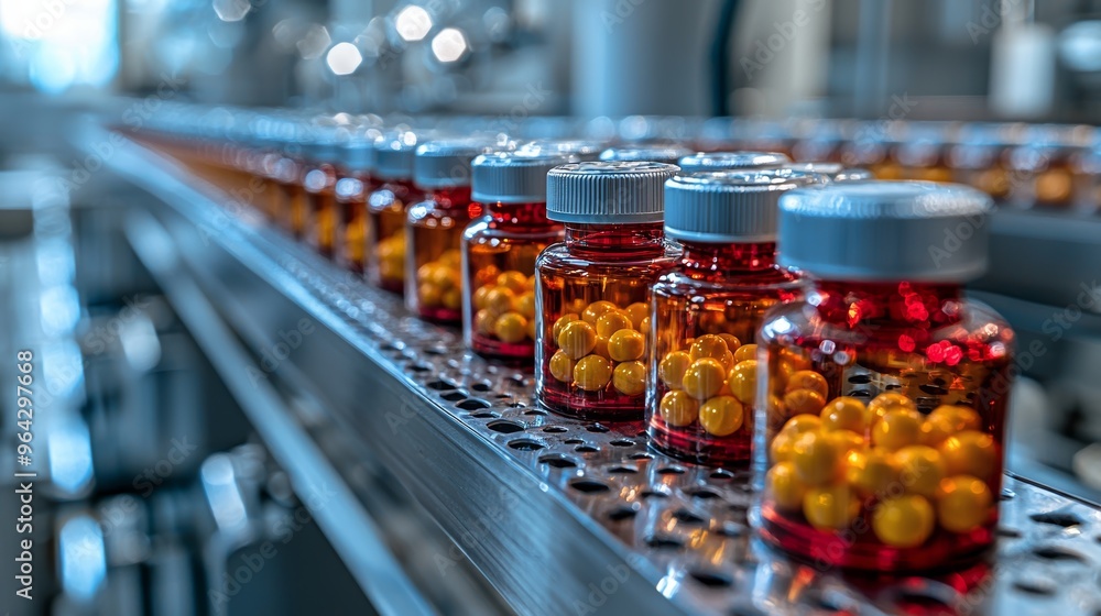 Production line of medication bottles filled with yellow capsules in a ...
