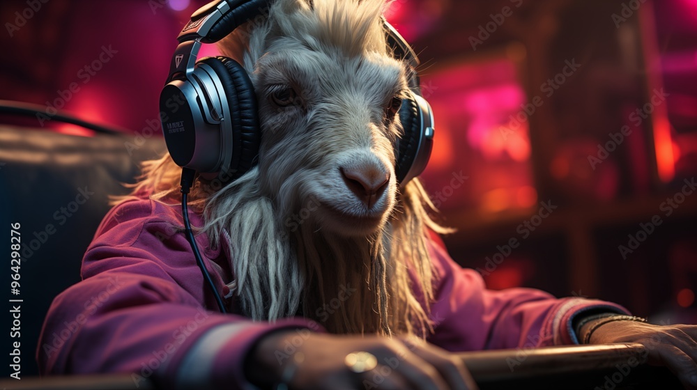 goat with bright neon illumination listening to music in headphones in ...