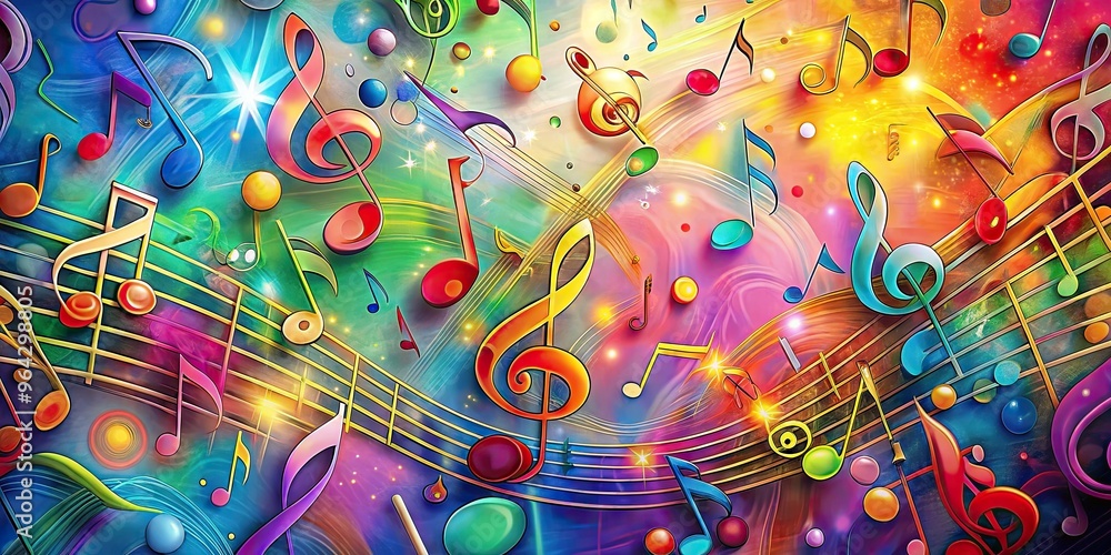 Vibrant colorful music notes of various sizes and shapes scattered on a ...