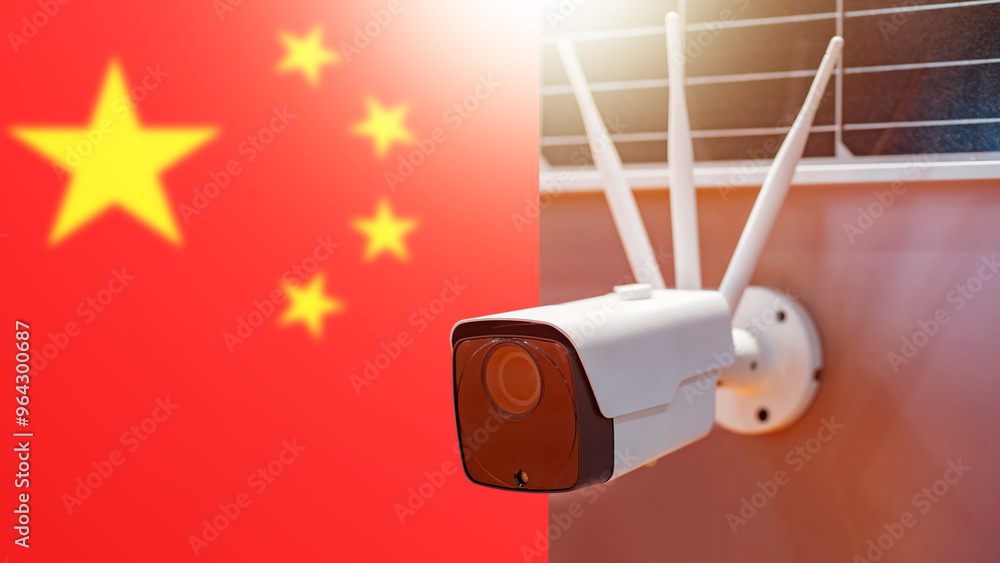 Security camera from China. CCTV equipment on wall. China flag. Wifi ...