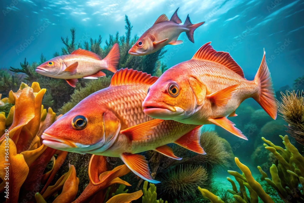 Vibrant redfish swim amidst coral reef and seaweed, their bright scales ...