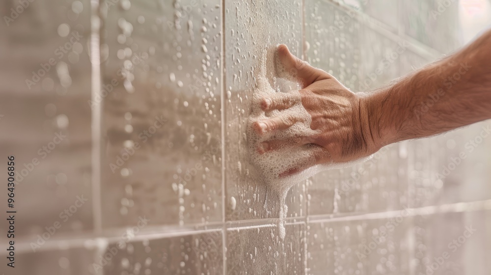 Hand scrubbing a soapy tiled wall for deep cleaning during household ...