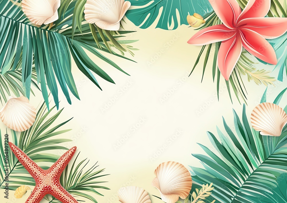 Tropical frame design featuring palms, seashells, and flowers, perfect ...