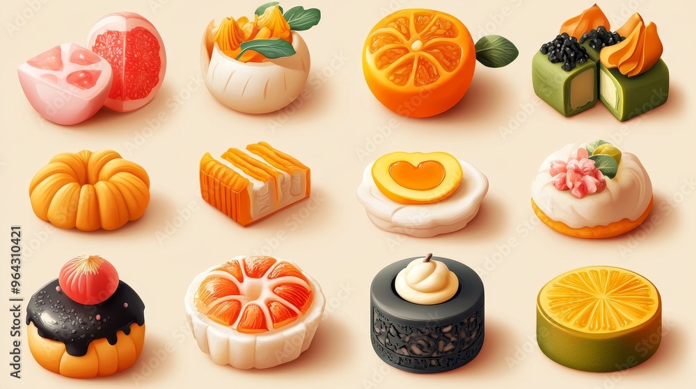 Mid-Autumn Festival 3D food vector set: pomelo, persimmon, taro pastry ...