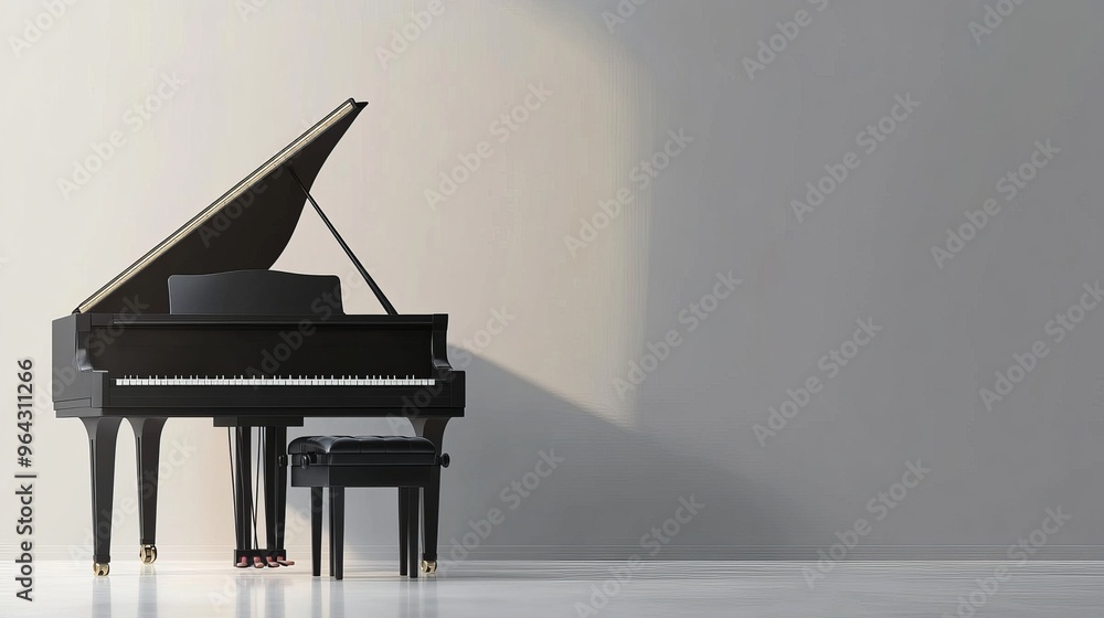 Realistic black grand piano, stool. Classical keyboard musical ...