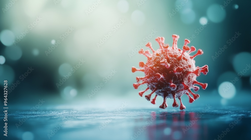 Red virus cell resting on a reflective surface under bright light ...