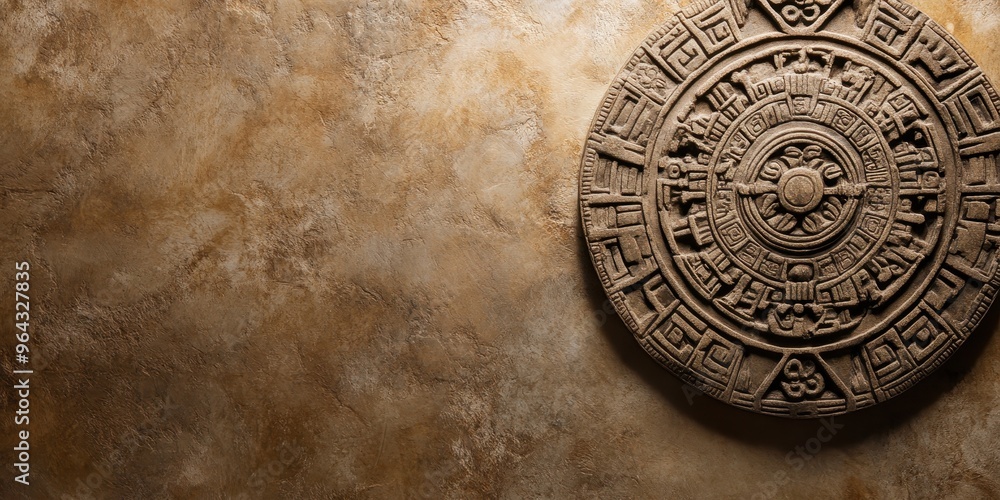Ancient calendar stone artifact on a textured wall, representing ...